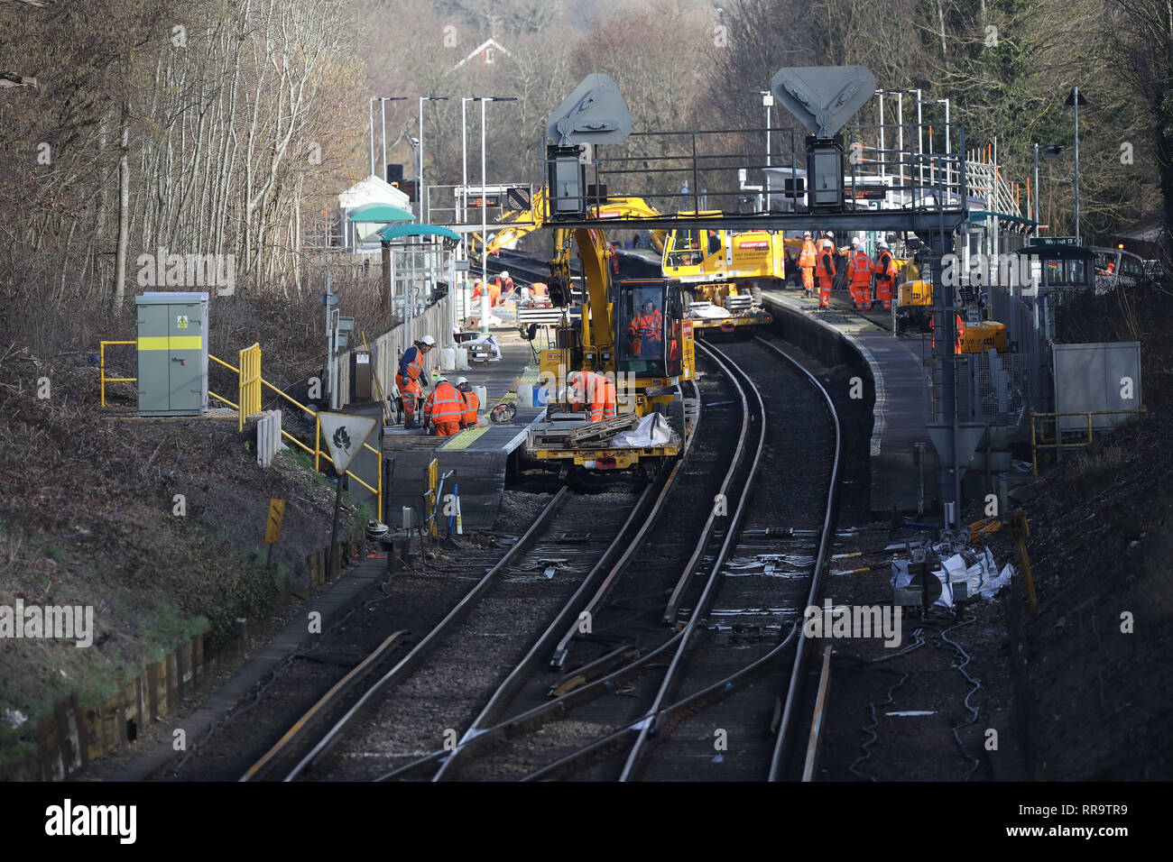Railway engineers work on the track at the Southern end of the Brighton ...