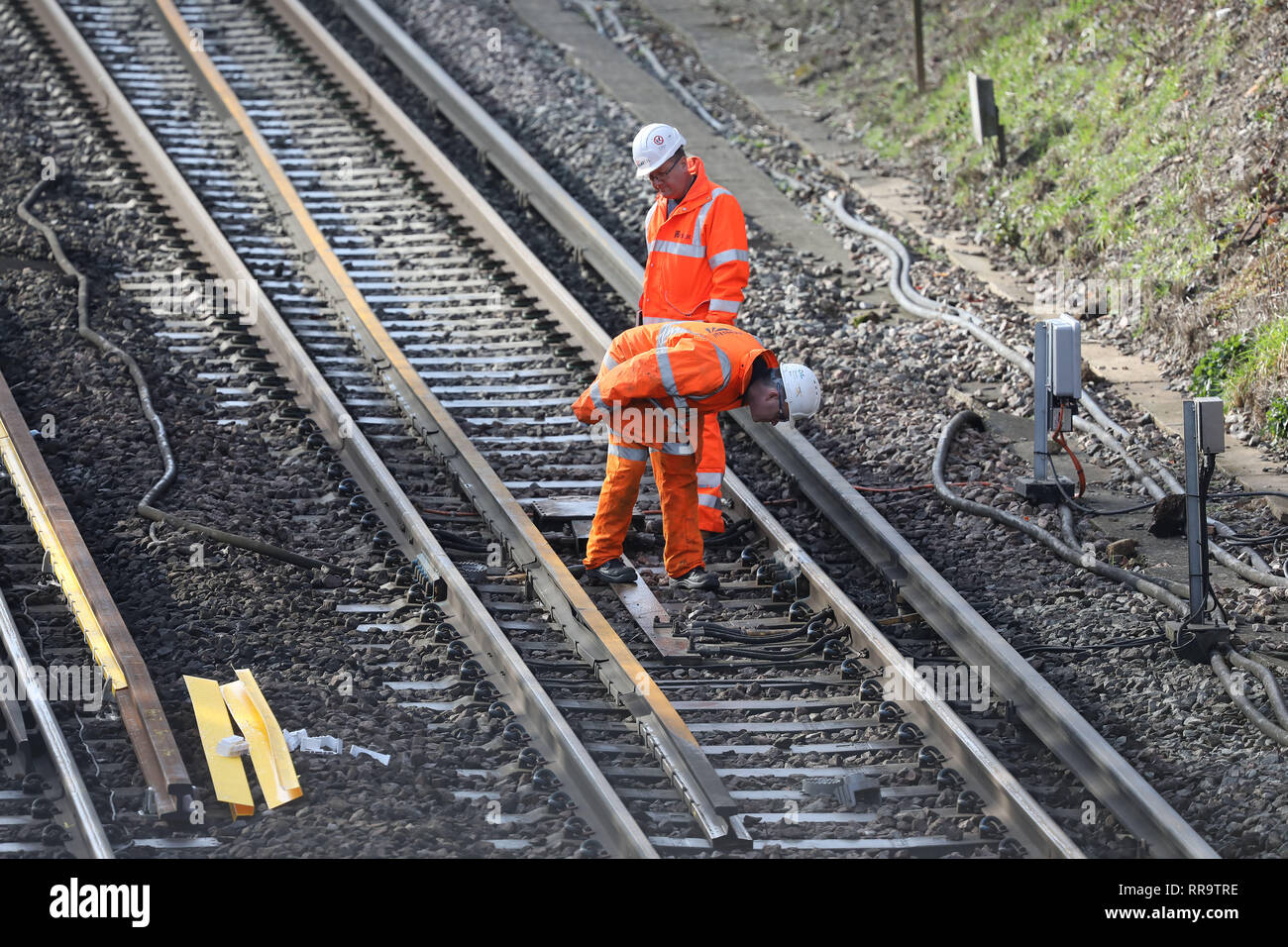 Railway engineers work on the track at the Southern end of the Brighton ...