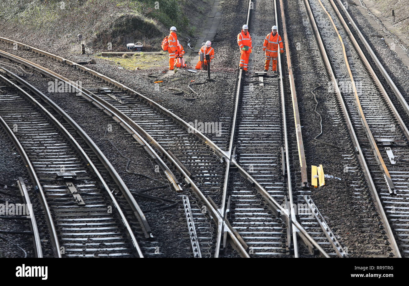Railway engineers work on the track at the Southern end of the Brighton ...