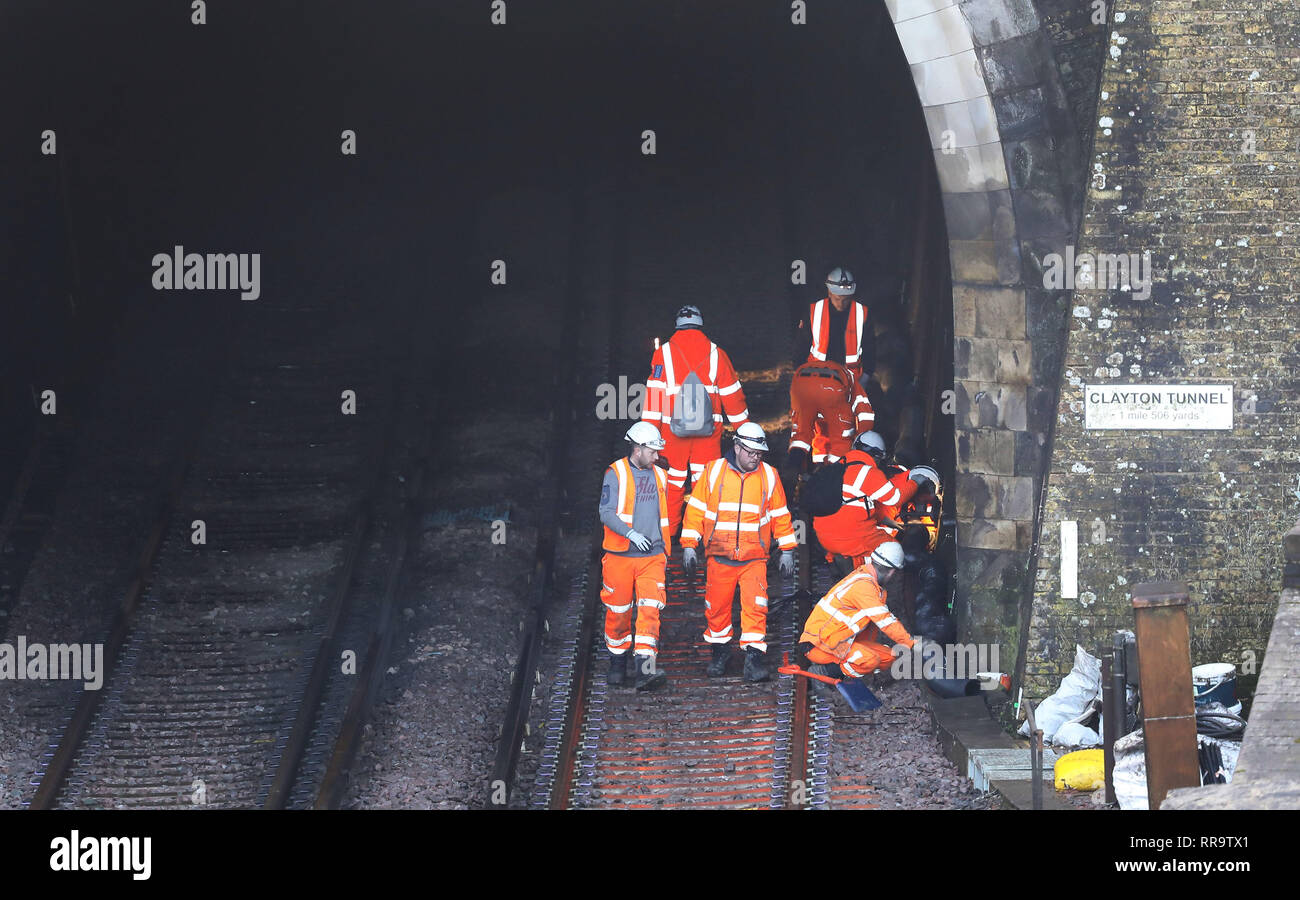 Network Rail engineers work on the track at North entrance to Clayton ...