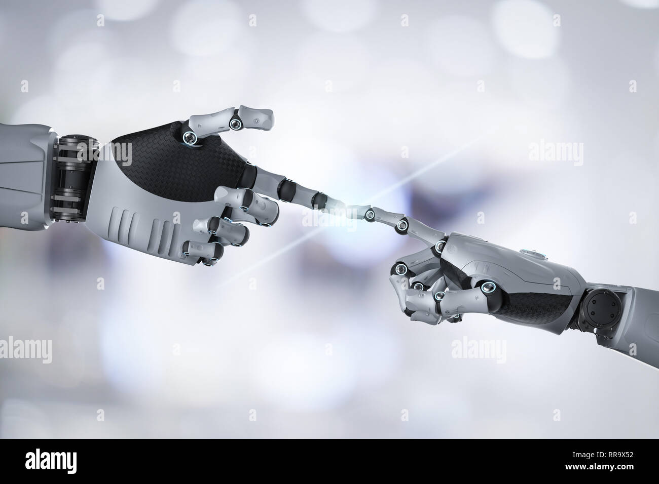 Technology connection concept with 3d rendering robotic hand pointing ...