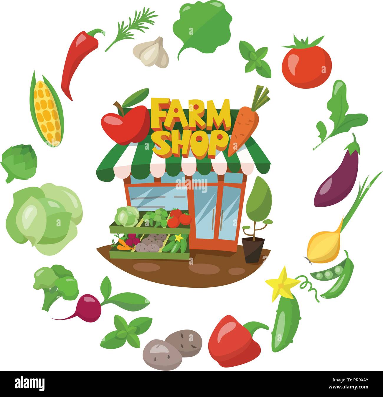 Farm shop infographic design wih different vegetables around Stock ...