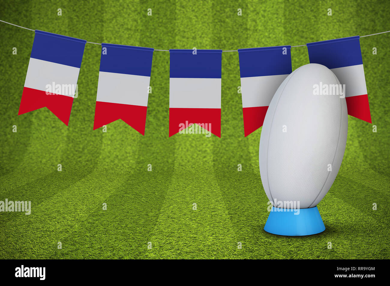 France flag bunting with a rugby ball and pitch. 3D Rendering Stock ...