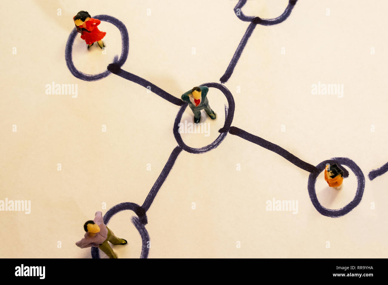 Business network scheme which contains miniature business people ...