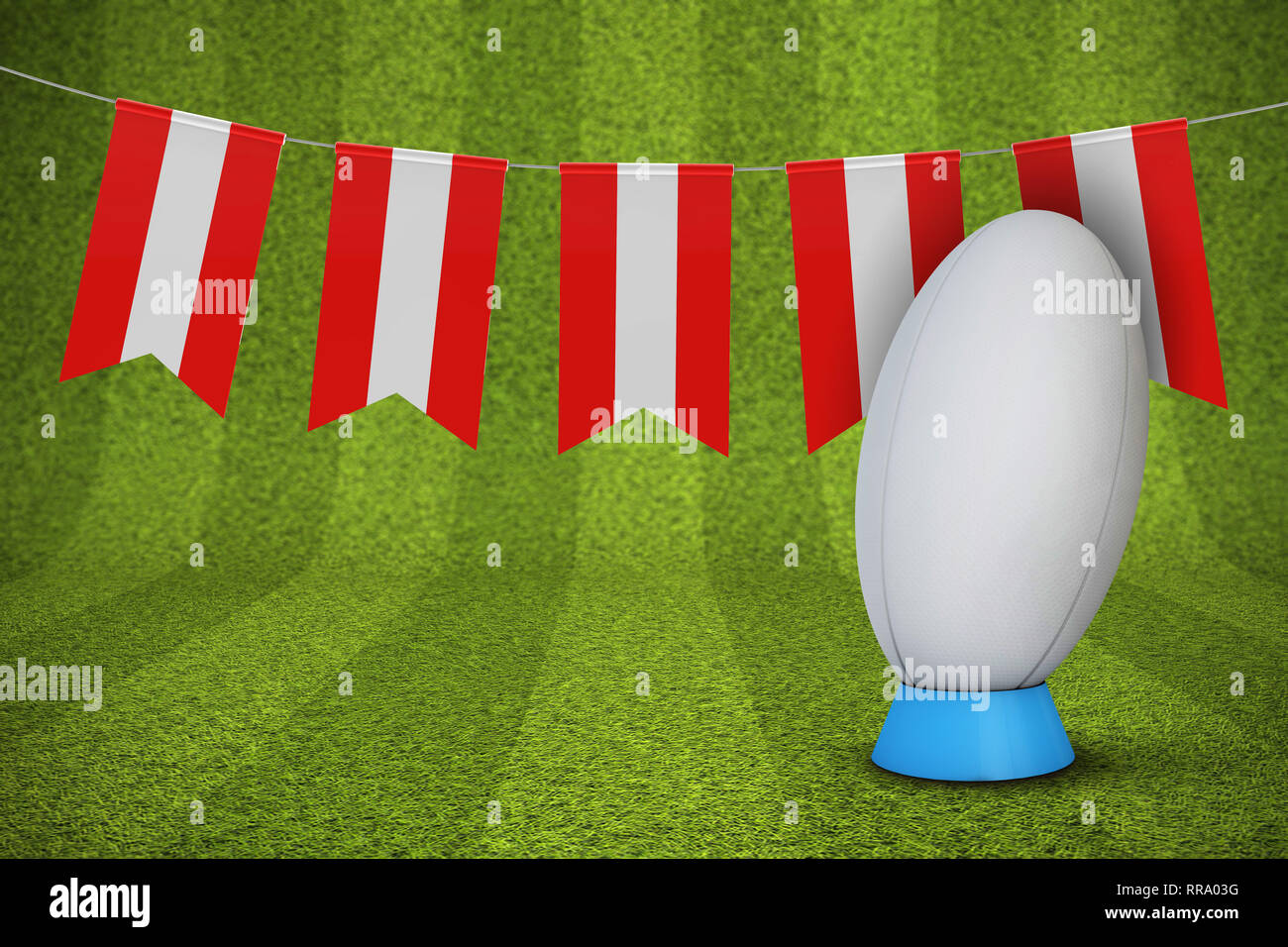 Austria flag bunting with a rugby ball and pitch. 3D Rendering Stock ...