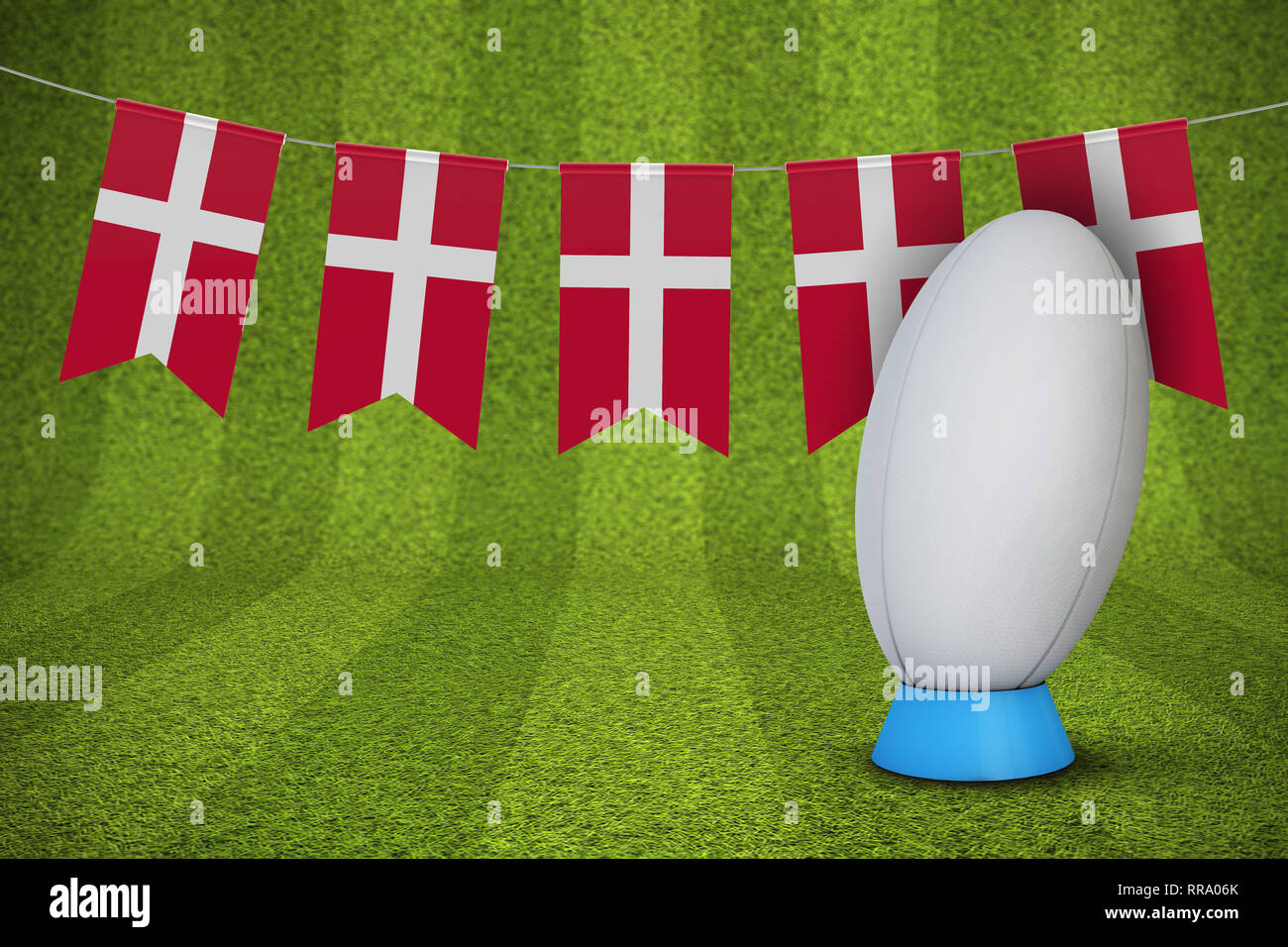Denmark flag bunting with a rugby ball and pitch. 3D Rendering Stock ...