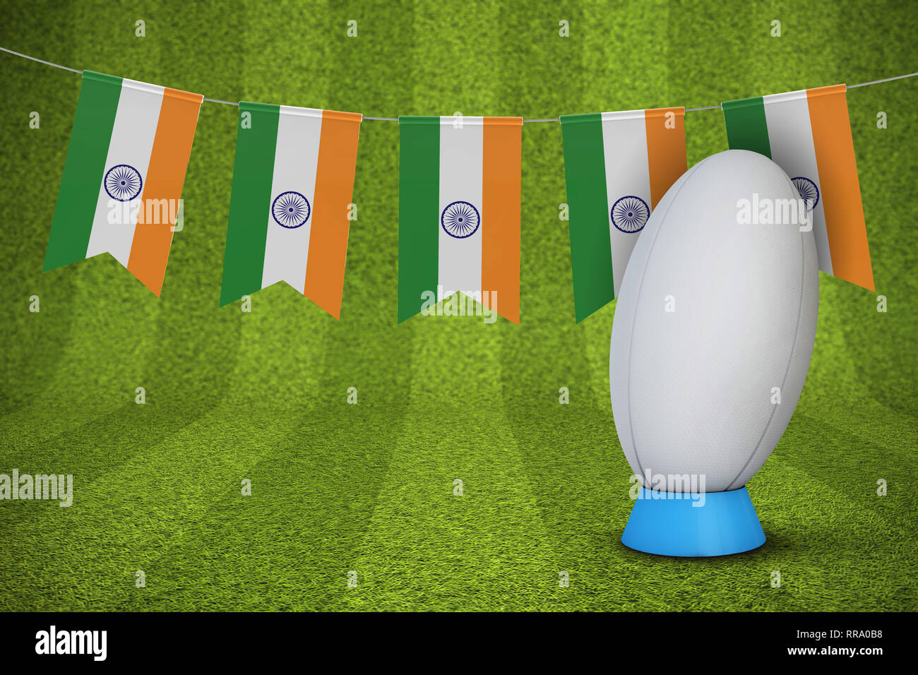 India flag bunting with a rugby ball and pitch. 3D Rendering Stock ...