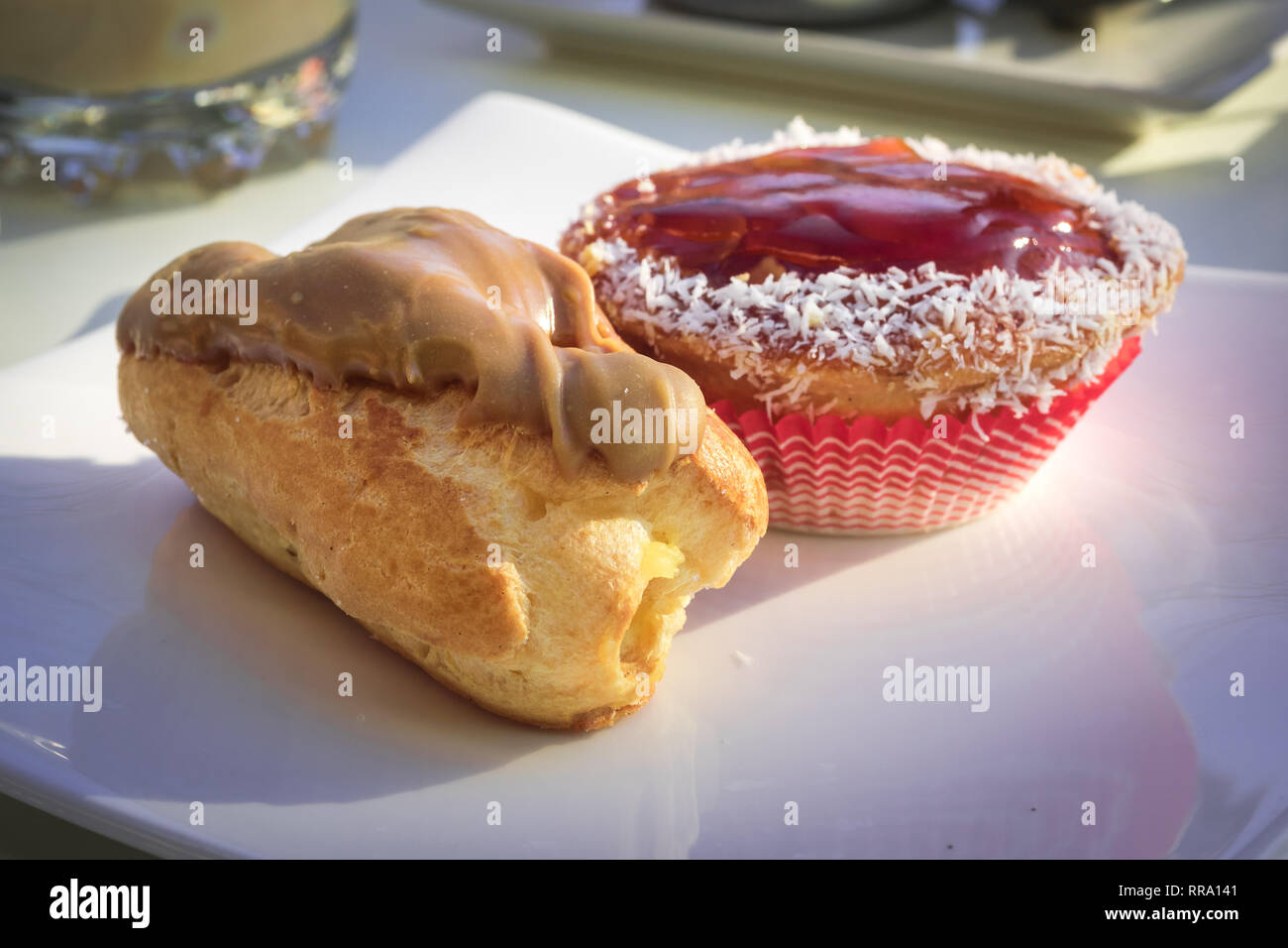 Typical sweet and dessert of Spain, strawberry cake and cream bun. Food ...