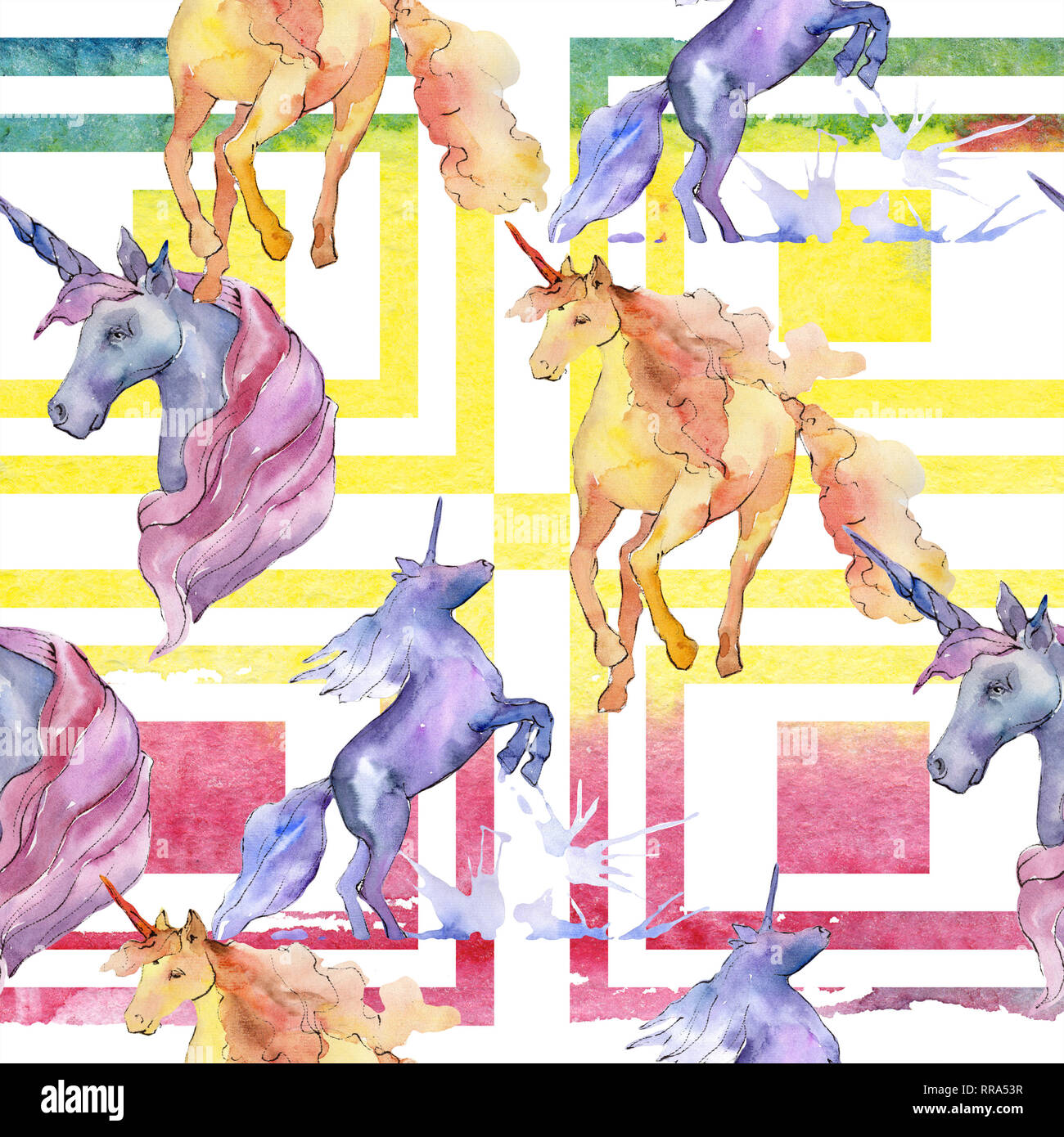 Cute unicorn horse animal horn character. Watercolor background ...