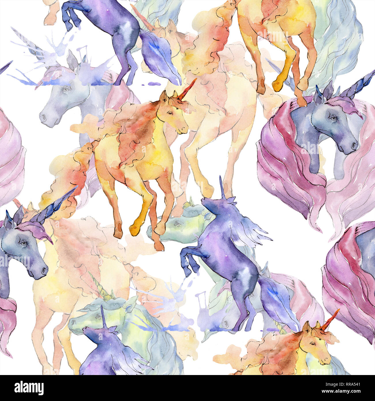 Cute unicorn horse animal horn character. Watercolor background ...