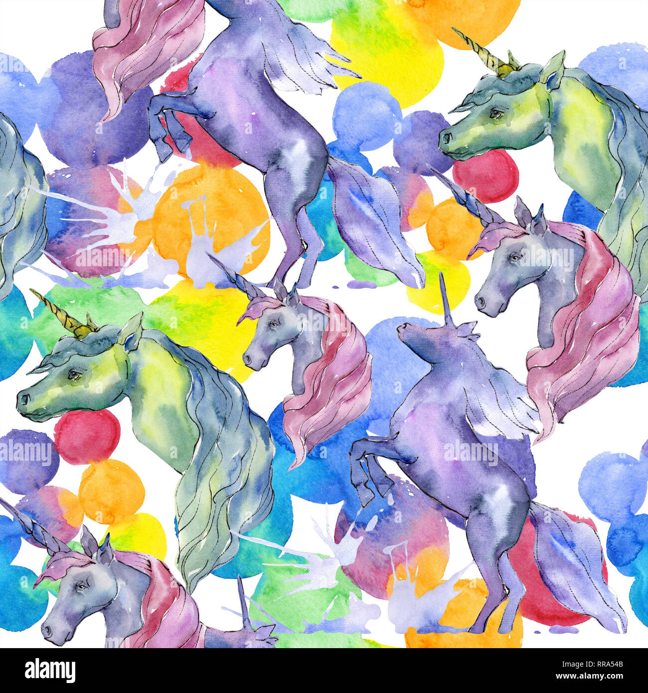 Cute unicorn horse animal horn character. Watercolor background ...