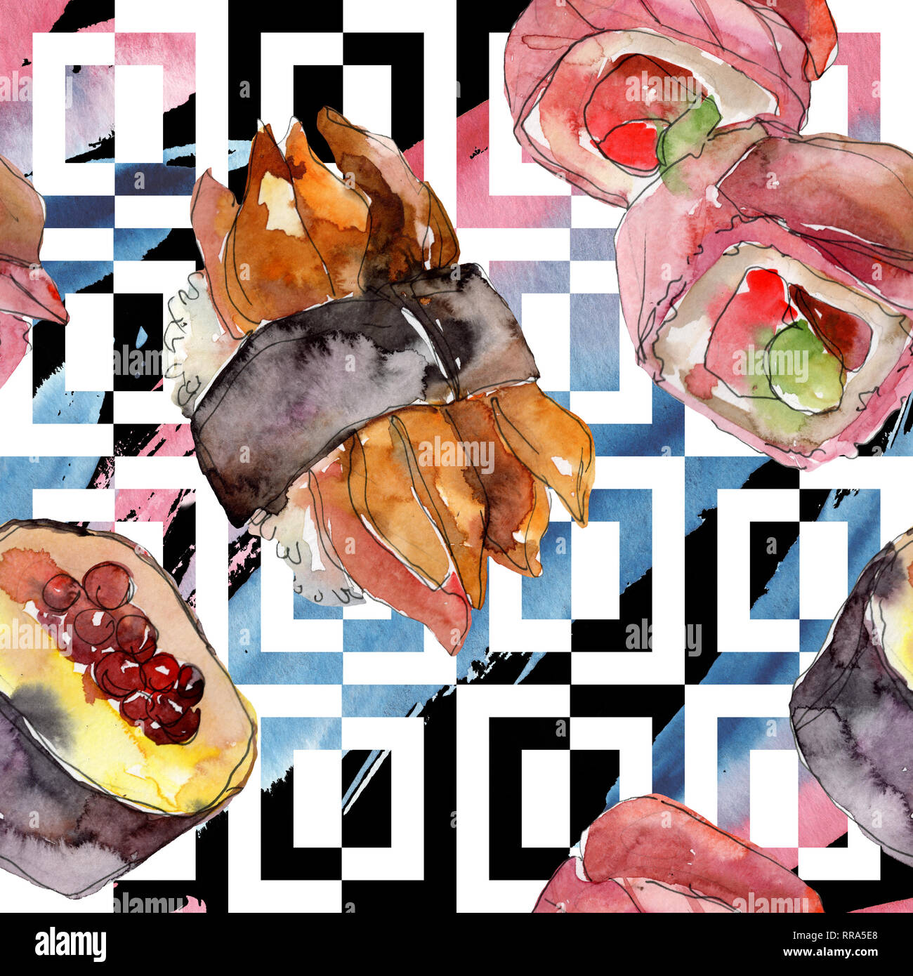 Watercolor sushi set of beautiful tasty japanese food illustration ...