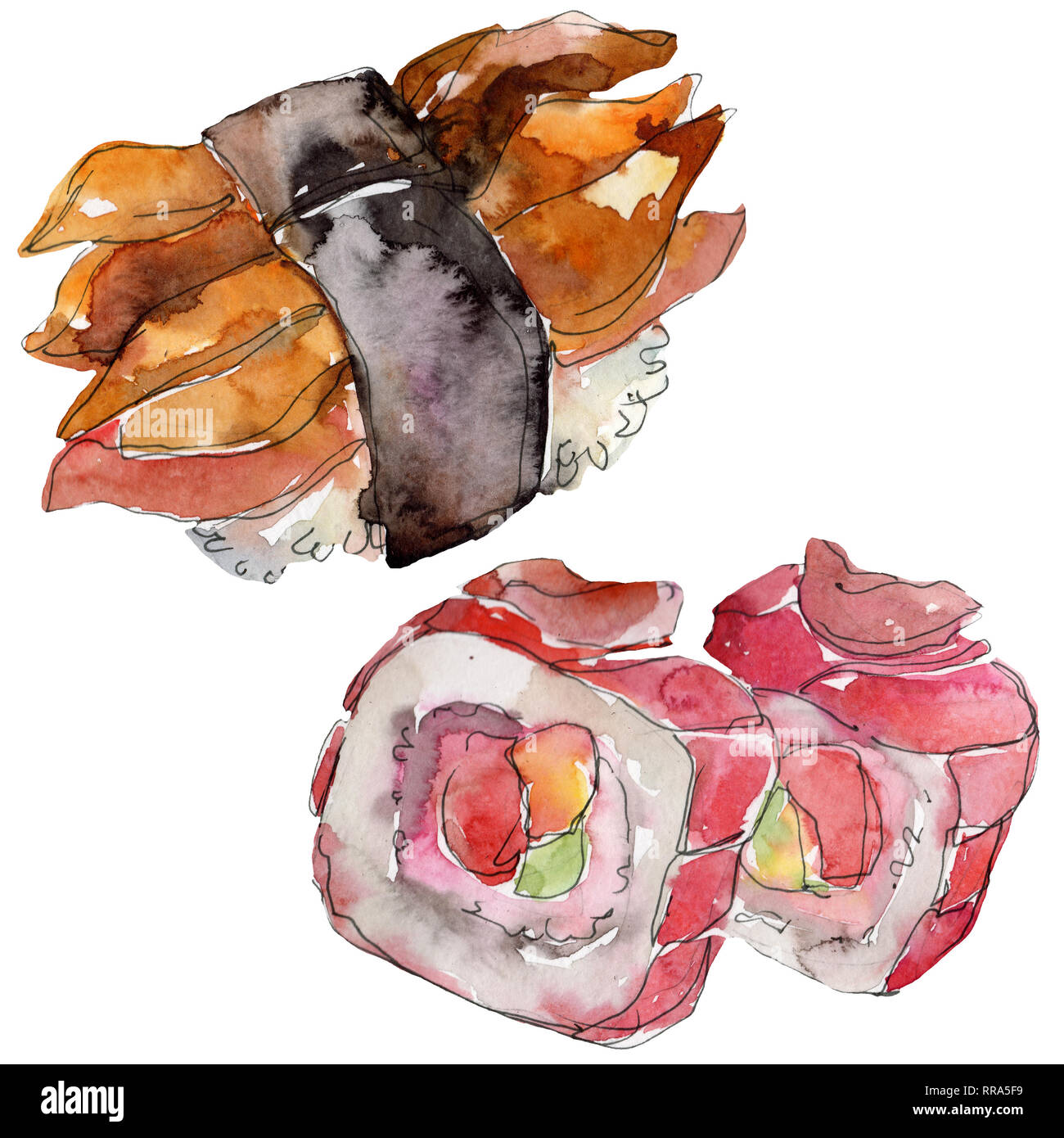 Watercolor sushi set of beautiful tasty japanese food illustration ...