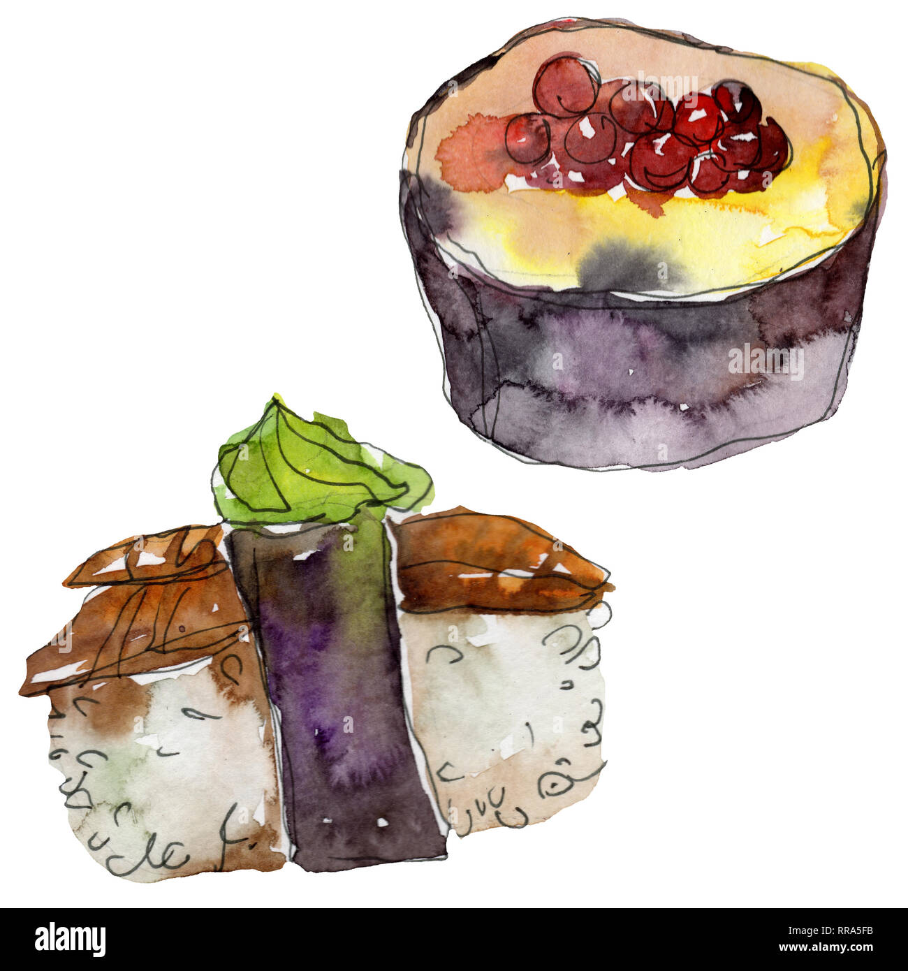 Watercolor sushi set of beautiful tasty japanese food illustration ...