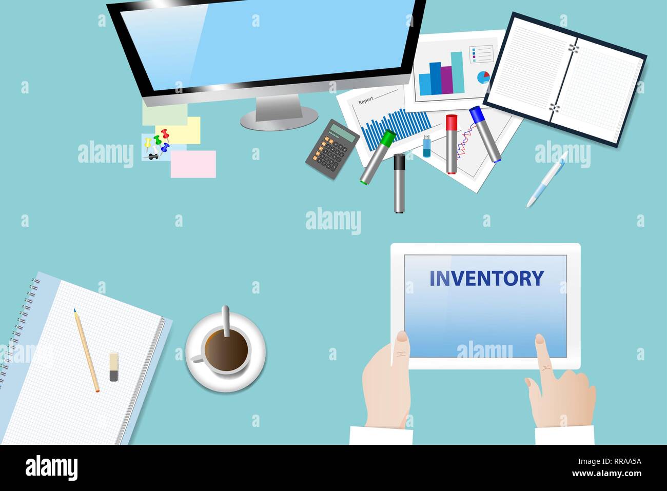 Top view of the office desk with office equipment. Manager is holding a ...
