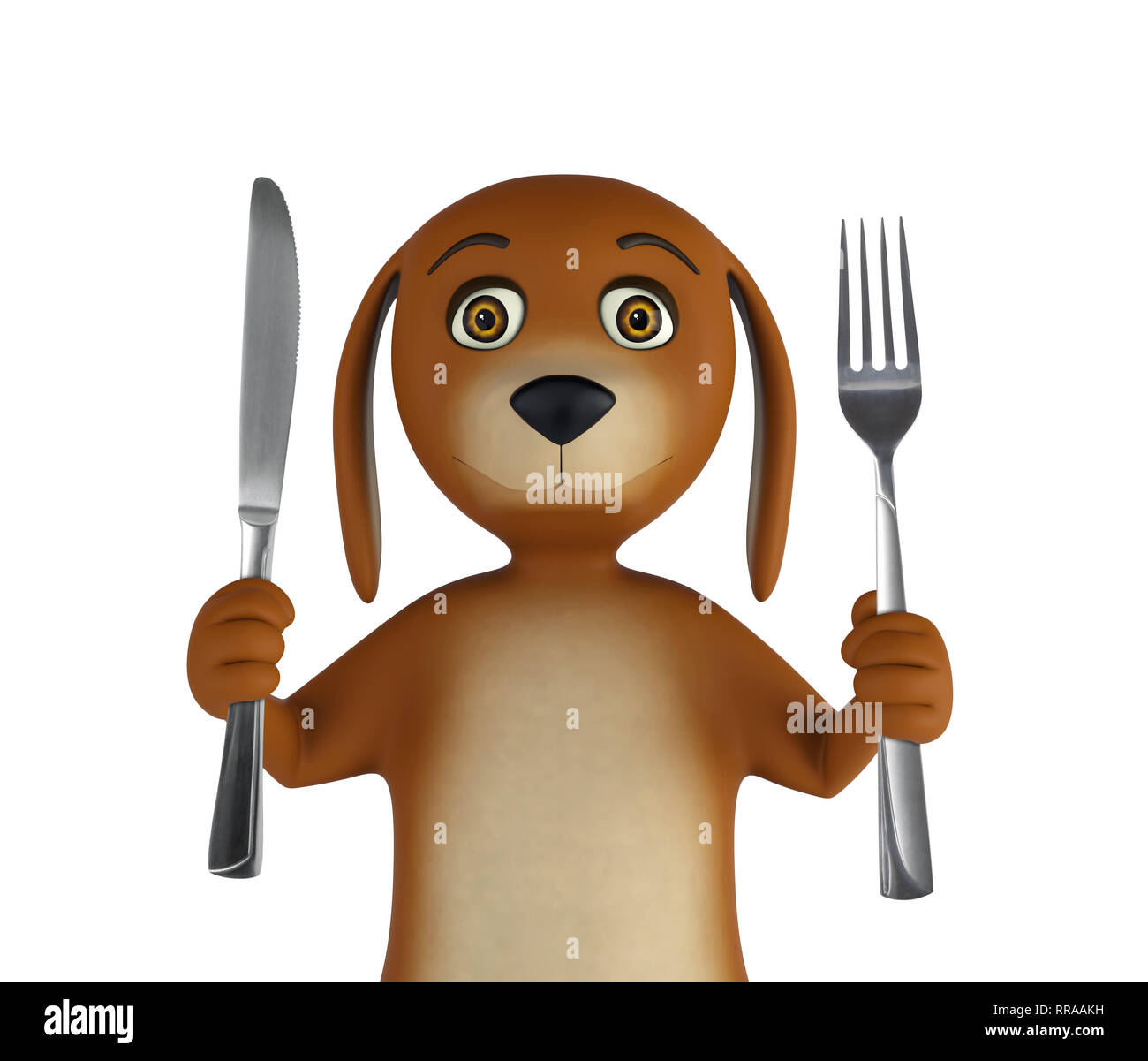 Hungry cartoon dog with knife and fork. Isolated on white background ...