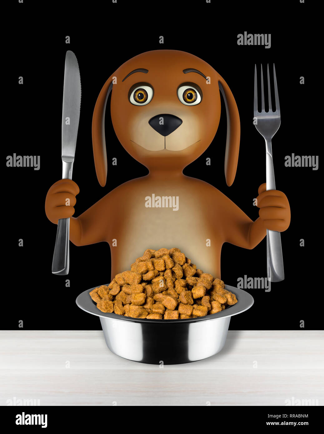 Cartoon dog with bowl of dry food holds a knife and fork. isolated on ...
