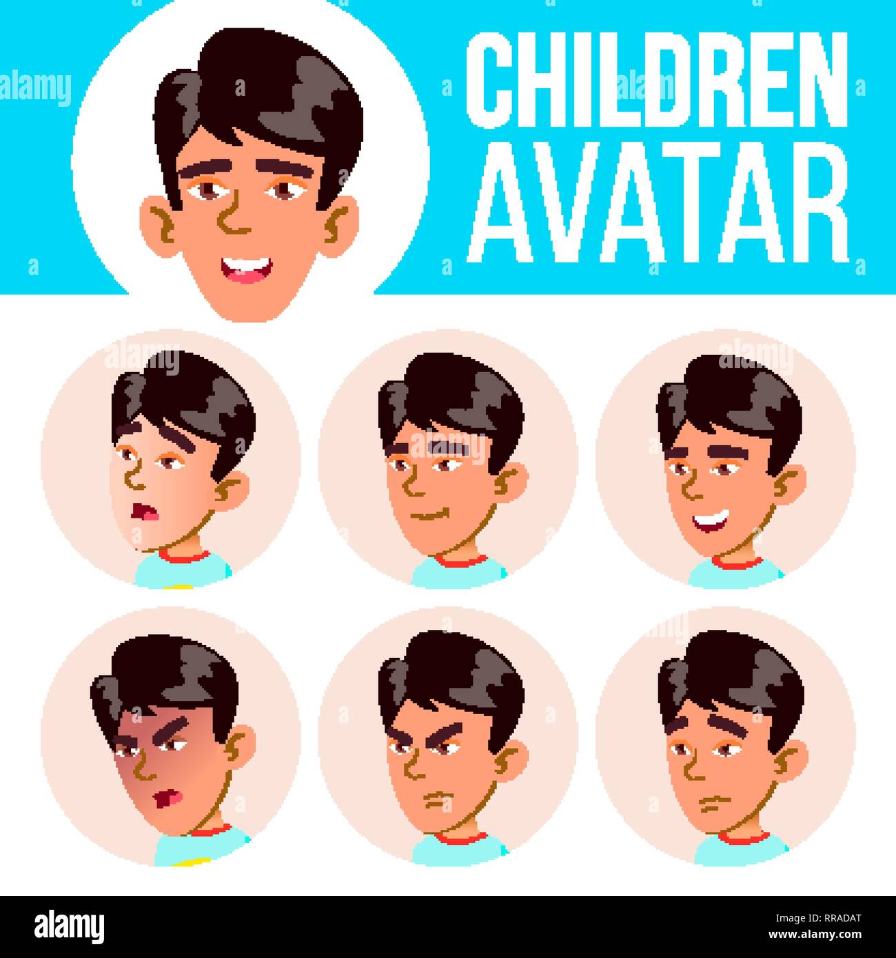 Asian Boy Avatar Set Kid Vector. Primary School. Face Emotions. Flat ...