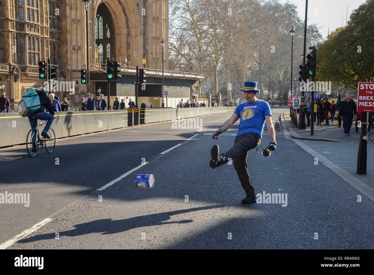 London, UK. 25th Feb, 2019. Steve Bray Remain campaigner kicks a can ...