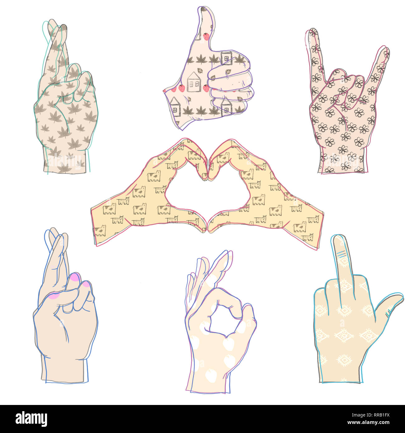 7 Hands collection. Set hand drawn illustration hands . On white ...