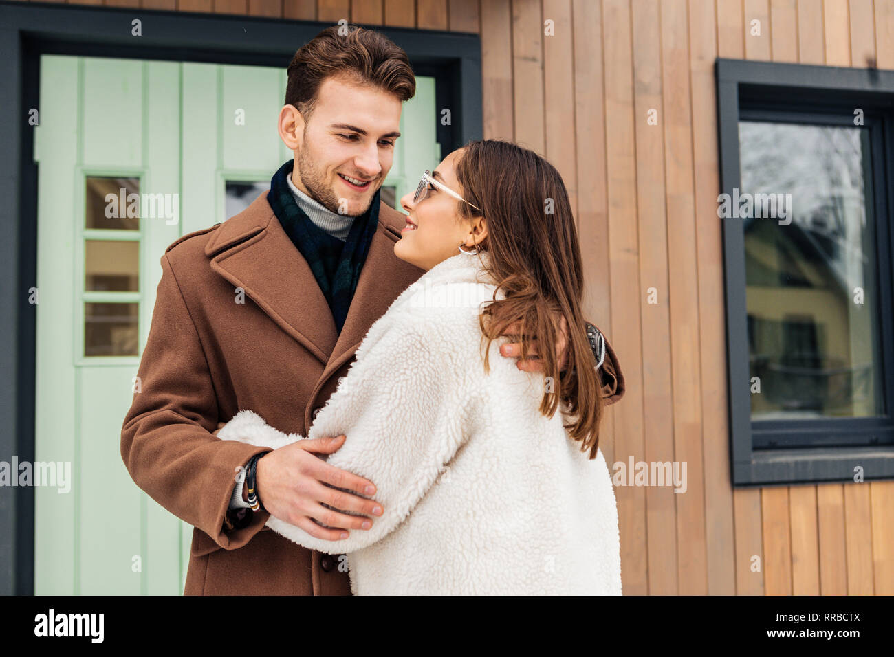 Just married couple hugging after renting amazing private house Stock ...