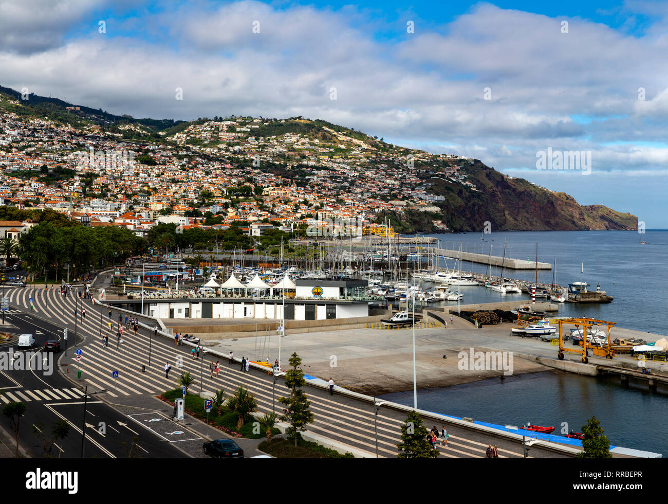 Looking down on Funchal promenade and marina, Madeira, Portugal Stock ...