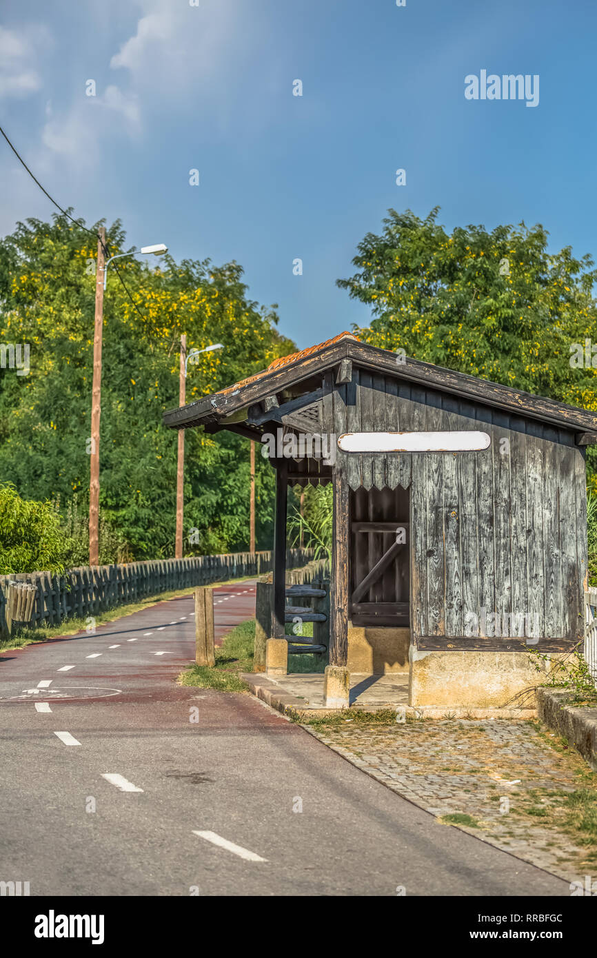 View of old train stop, small infrastructure, vintage wooden building ...