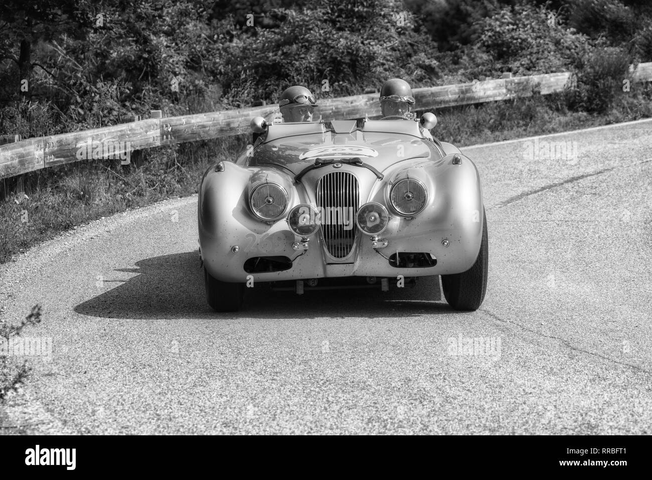 JAGUAR XK 120 M COMPETITION 1952 on an old racing car in rally Mille ...