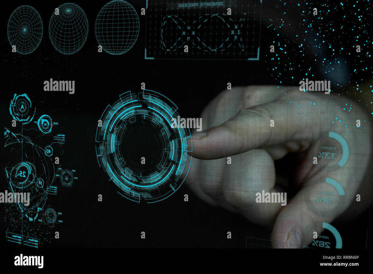 The finger presses the element of the holographic interface of the ...