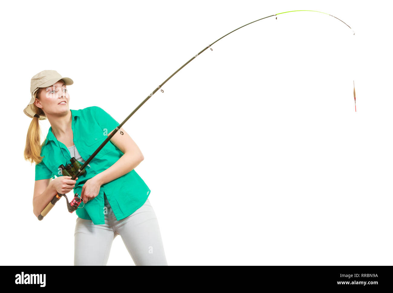 Fishery, spinning equipment, angling sport and activity concept. Woman ...