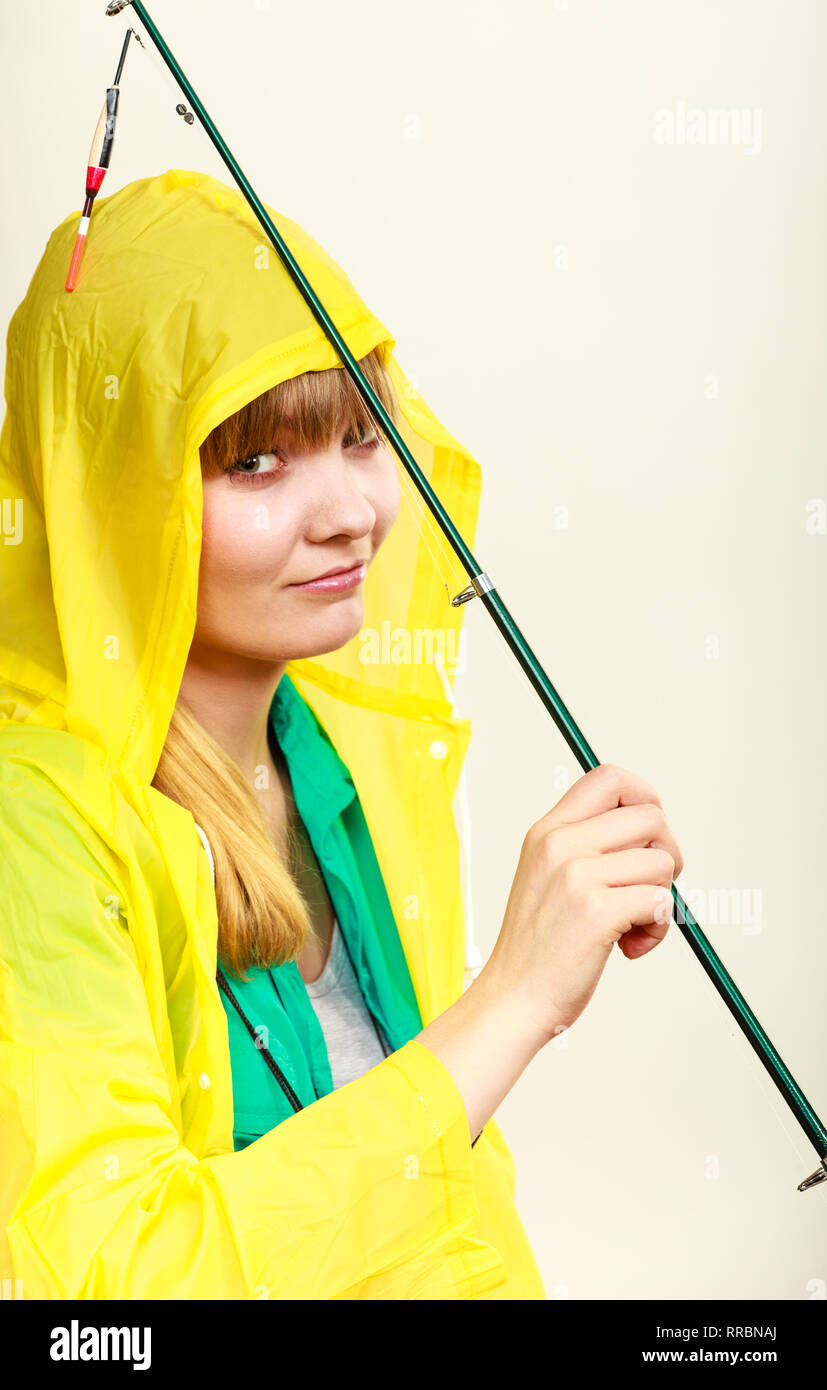 Fishery, spinning equipment, angling sport and activity concept. Woman ...