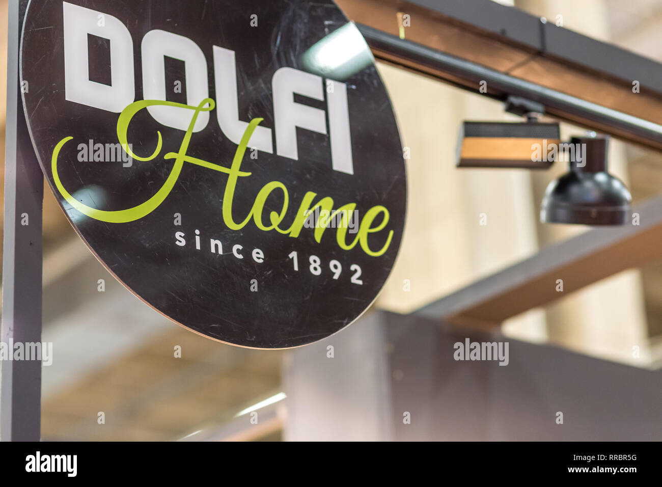 BOLOGNA, ITALY - FEBRUARY 18, 2019: lights are enlightening DOLFI logo ...