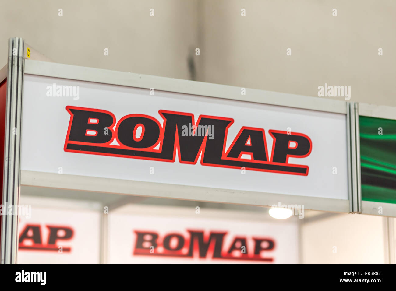 BOLOGNA, ITALY - FEBRUARY 18, 2019: lights are enlightening BOMAP logo ...