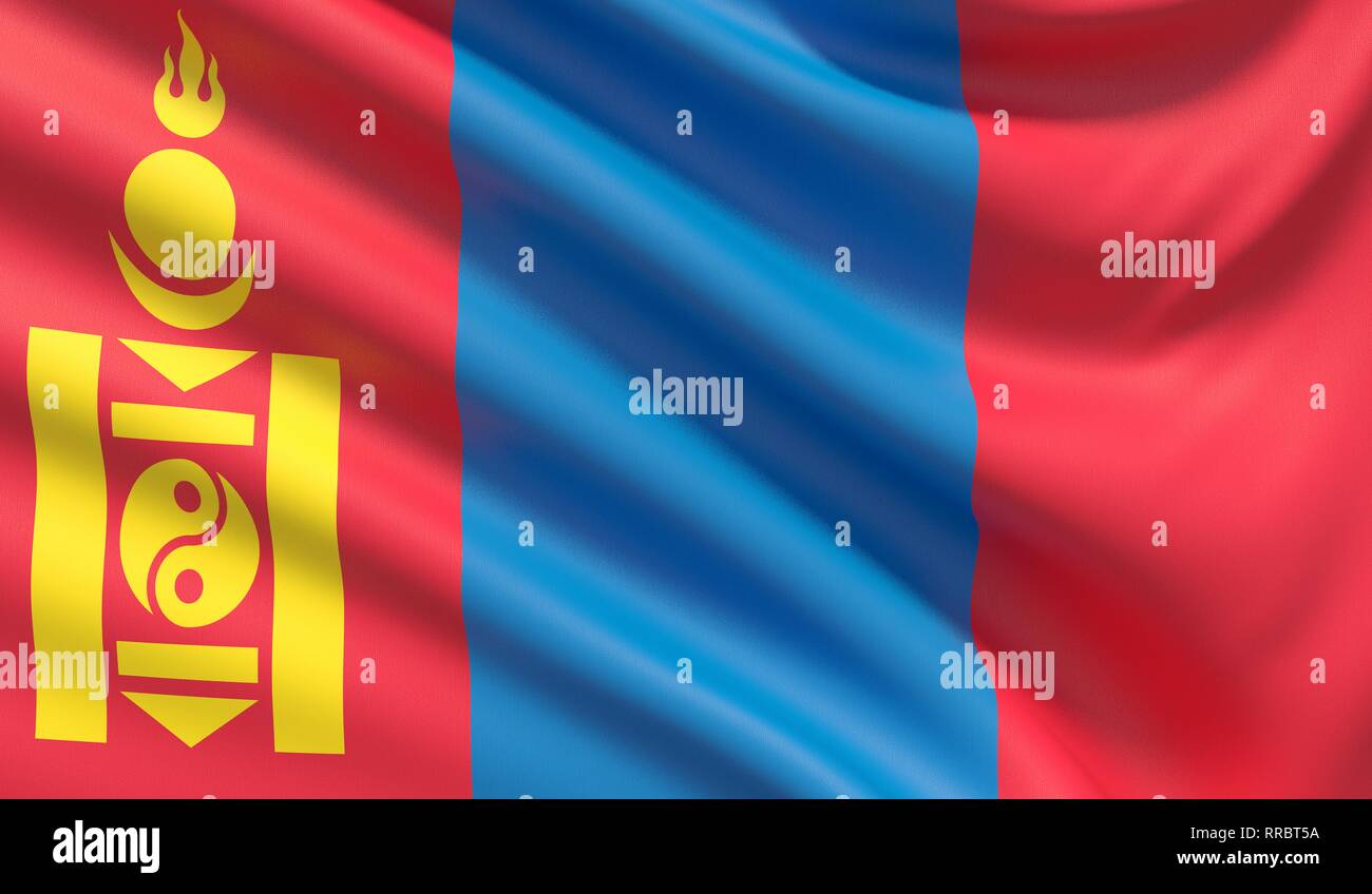 Flag of Mongolia. Waved highly detailed fabric texture. 3D illustration ...