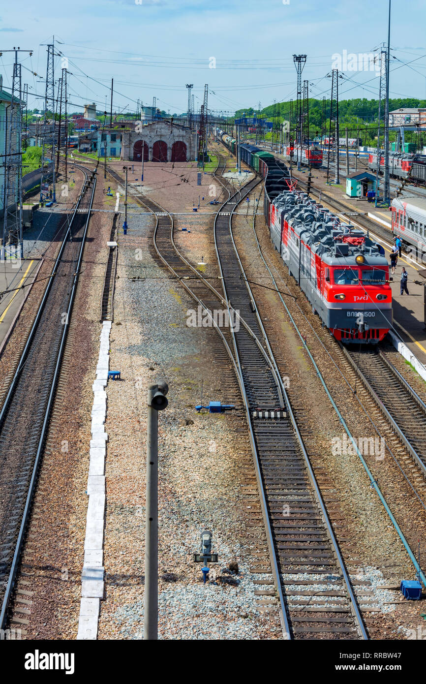 Railway station in the town of Mariinsk on the Trans-Siberian railway ...