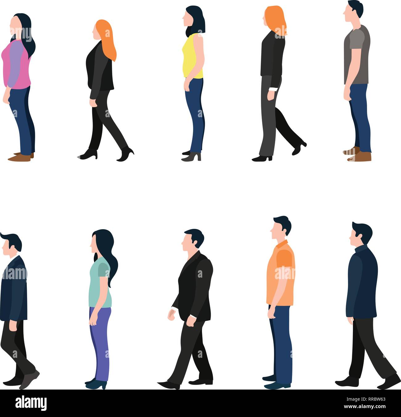 People Walking Side View Set Of Diverse Business People Walking Side