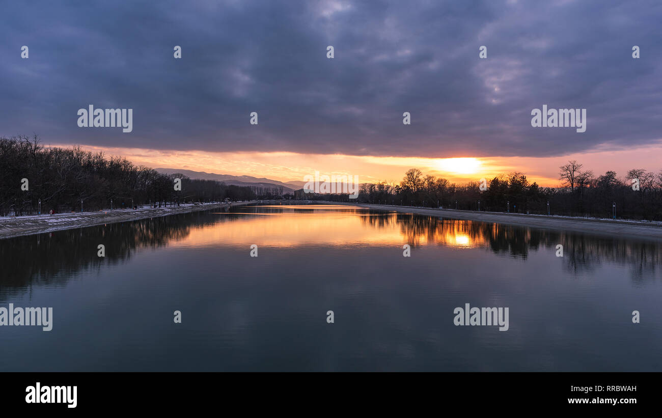 Aerial photo of winter sunset over rowing channel in Plovdiv city ...