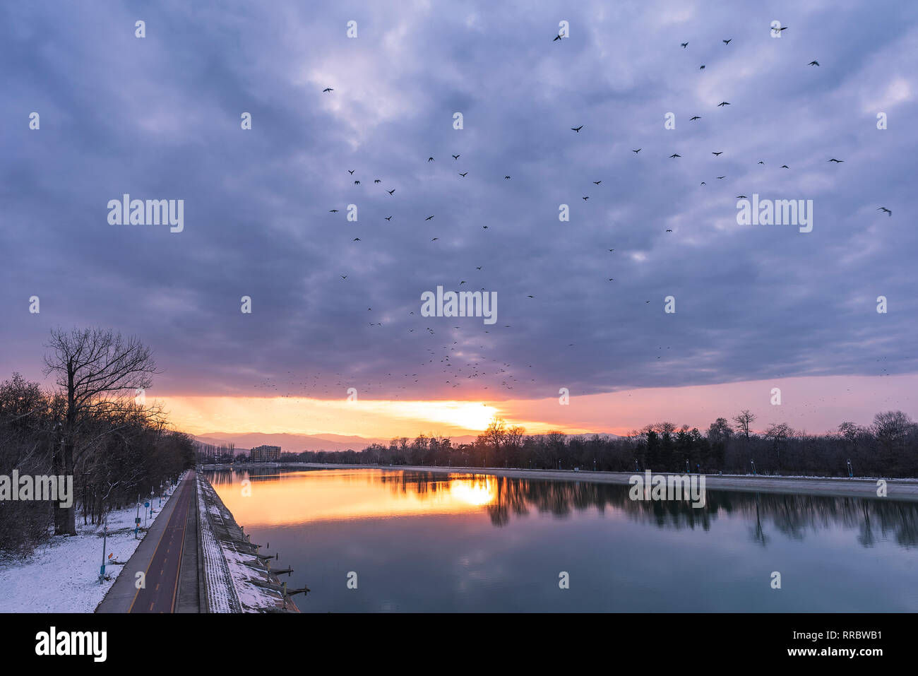 Aerial photo of winter sunset over rowing channel in Plovdiv city ...