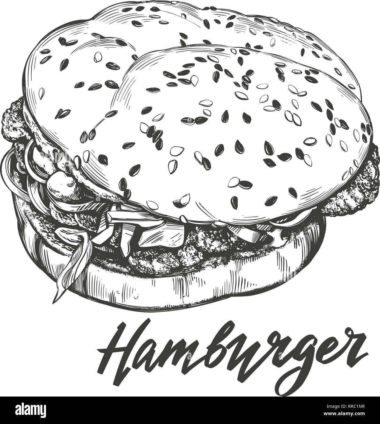 big burger, hamburger hand drawn vector illustration sketch retro style ...