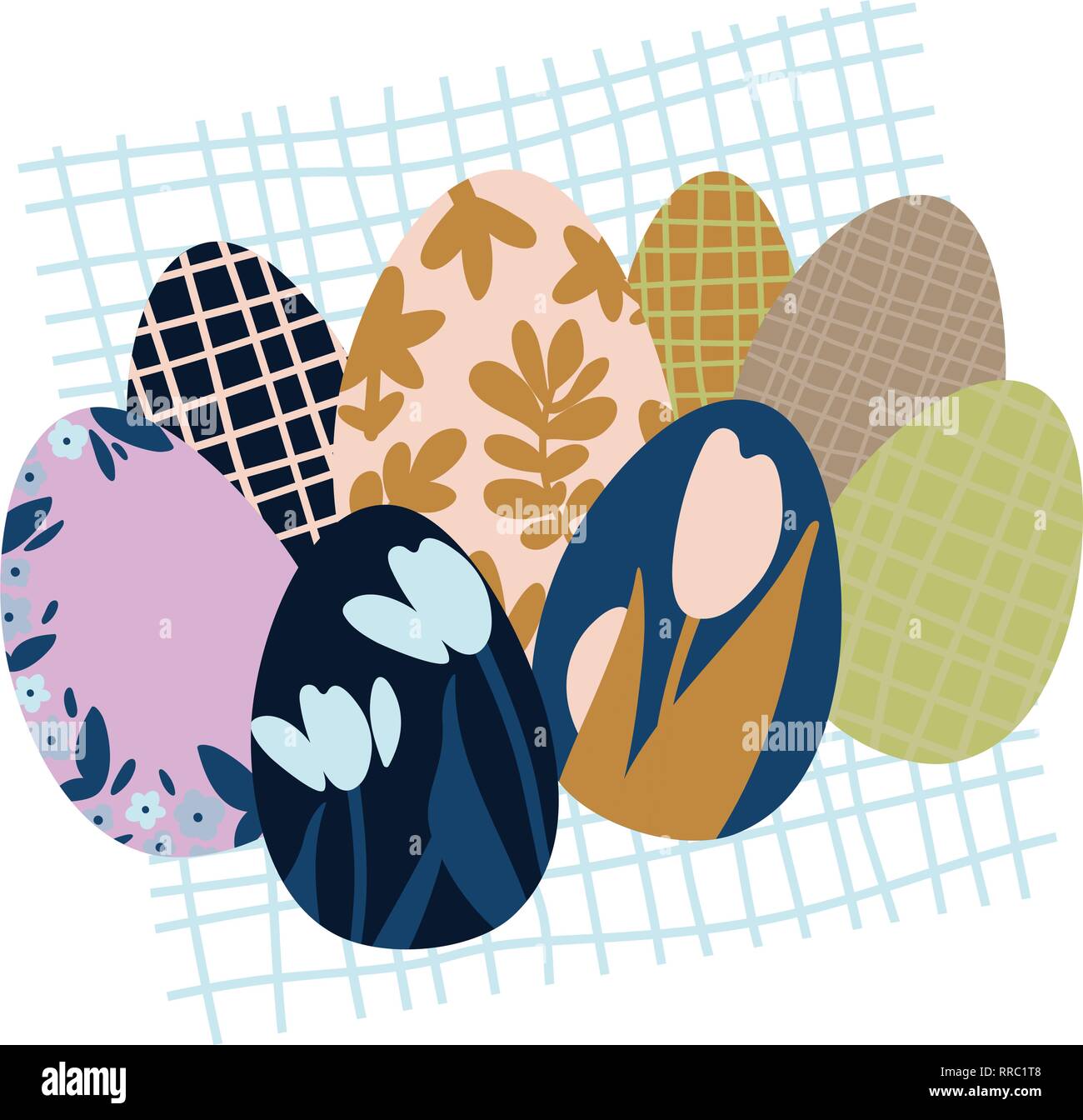 Colorful Easter Eggs Doodle Set Decorations. Spring Flowers. Bright ...