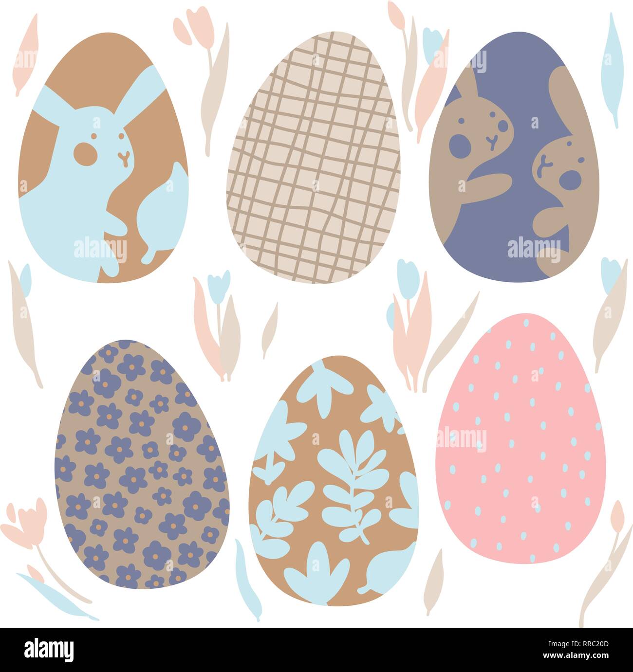 Colorful Easter Eggs Doodle Set Decorations. Spring Flowers. Bright ...