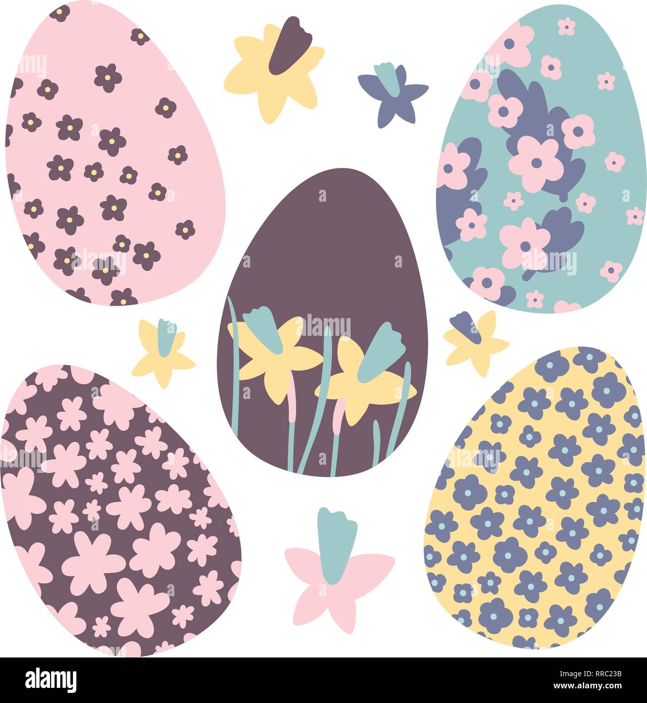 Colorful Easter Eggs Doodle Set Decorations. Spring Flowers. Bright ...