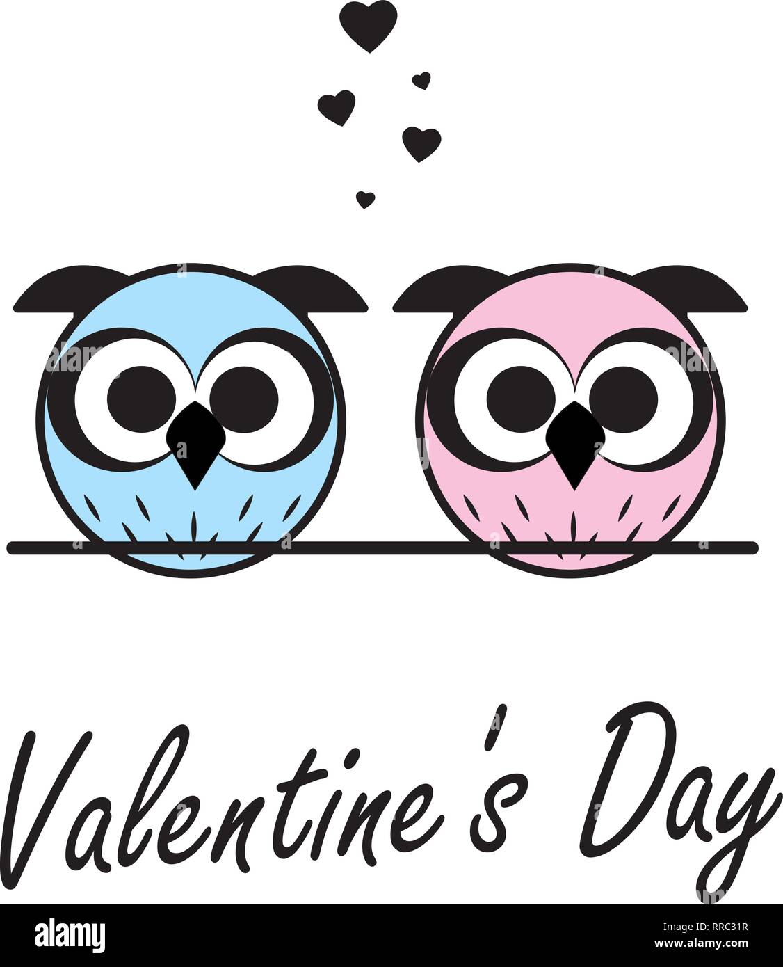 Two cute owls in love and Love word made from hearts. Valentine's day ...