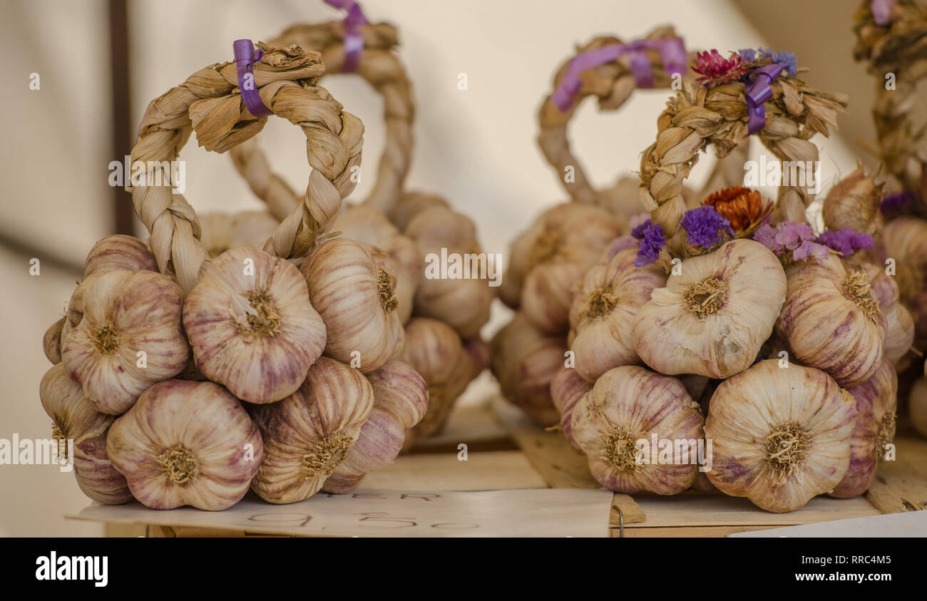 bunches of garlic on the local market Rustrel town provence france ...