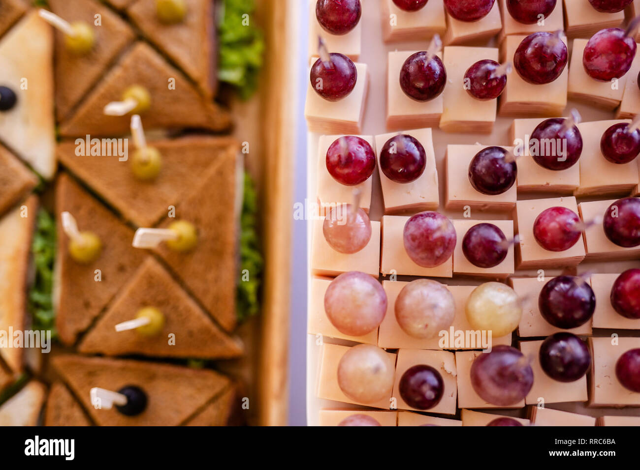 Light snacks in a plate on a buffet table. Assorted mini canapes ...
