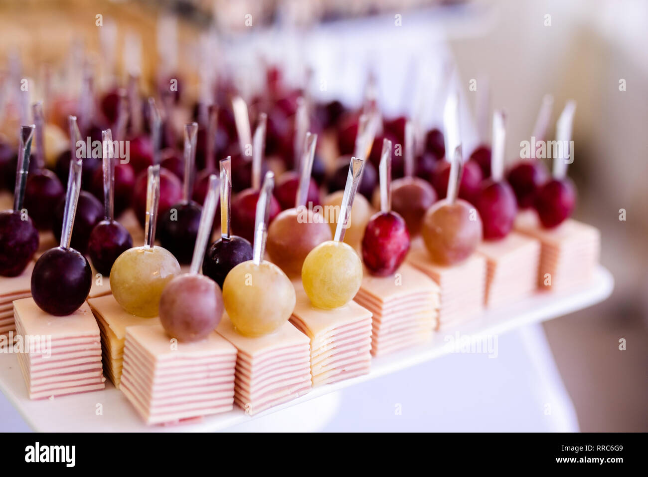 Light snacks in a plate on a buffet table. Assorted mini canapes ...