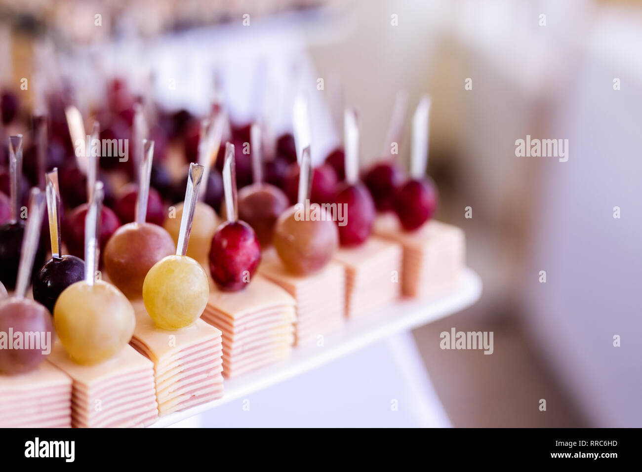 Light snacks in a plate on a buffet table. Assorted mini canapes ...