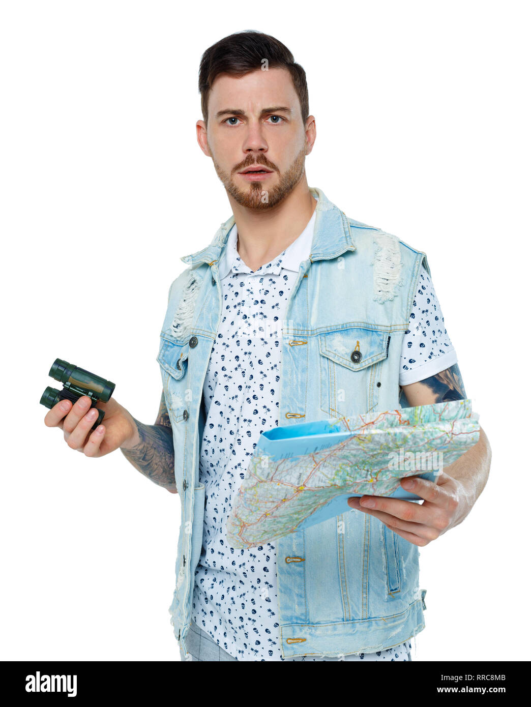 man with a map. Front view. The tourist in the denim jacket is angry or ...