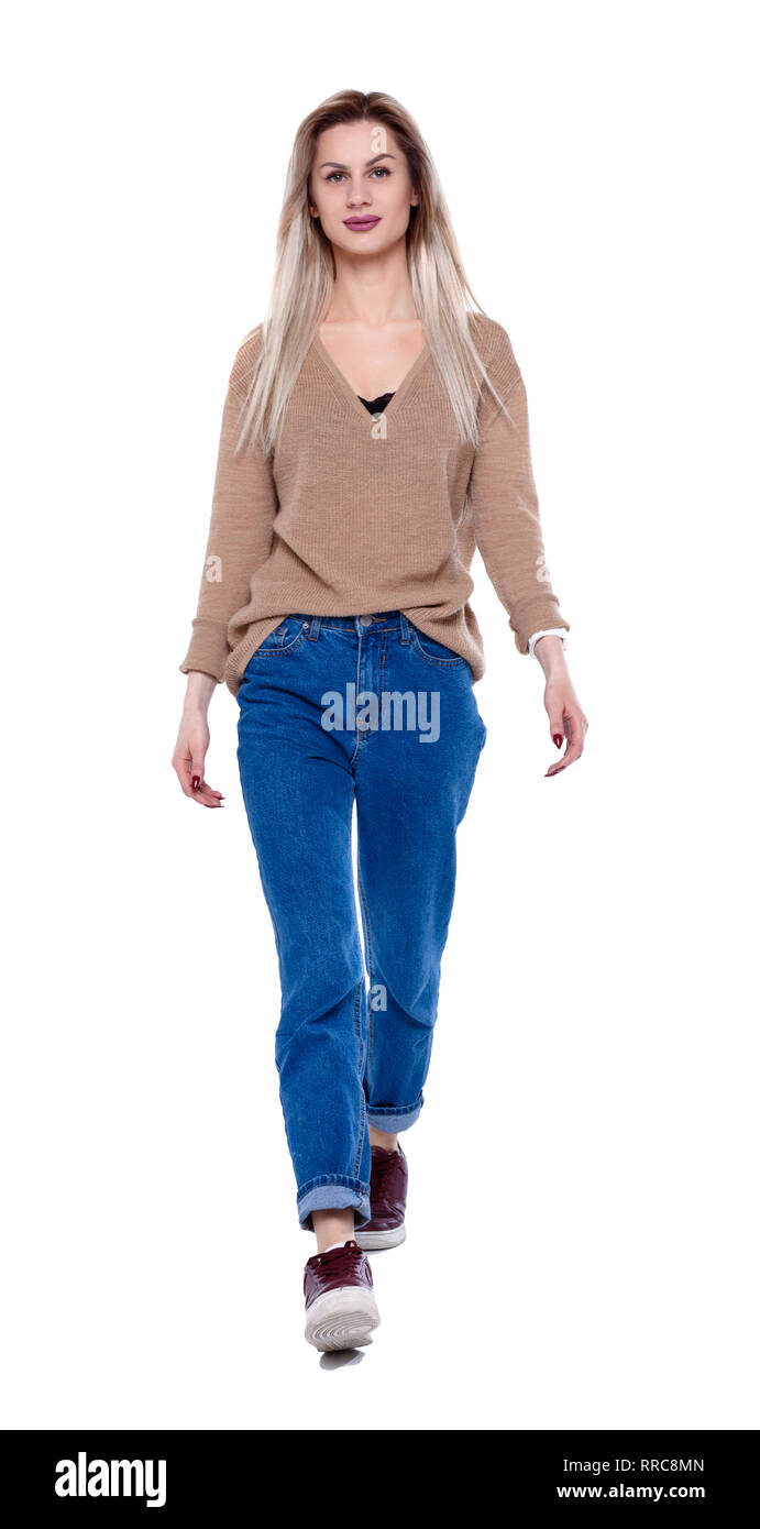 Front view of walking woman. beautiful girl in motion. frontside view ...