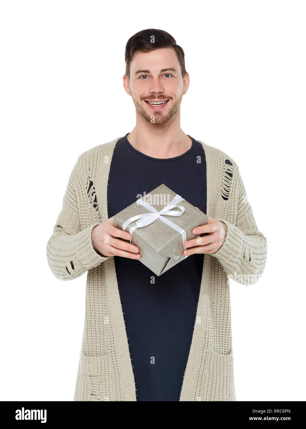 Front view of a man with a gift box. Front view people collection ...